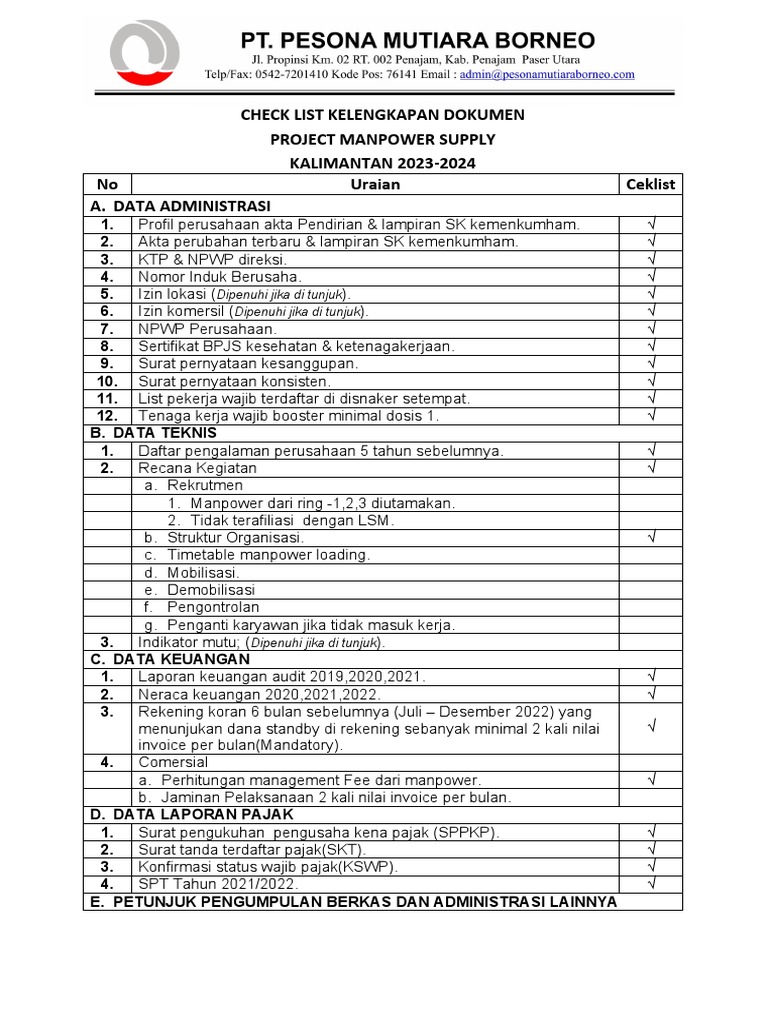 Check List Kelengkapan Dokumen Manpower Supply - TKS - 2023 | PDF