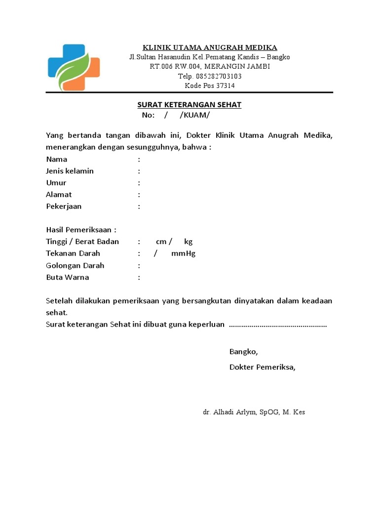 Surat Keterangan Sehat KLINIK UTAMA ANUGRAH MEDIKA | PDF
