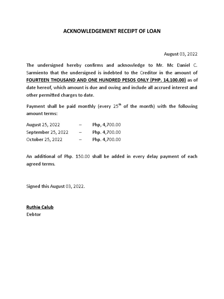 ACKNOWLEDGEMENT RECEIPT OF LOAN | PDF