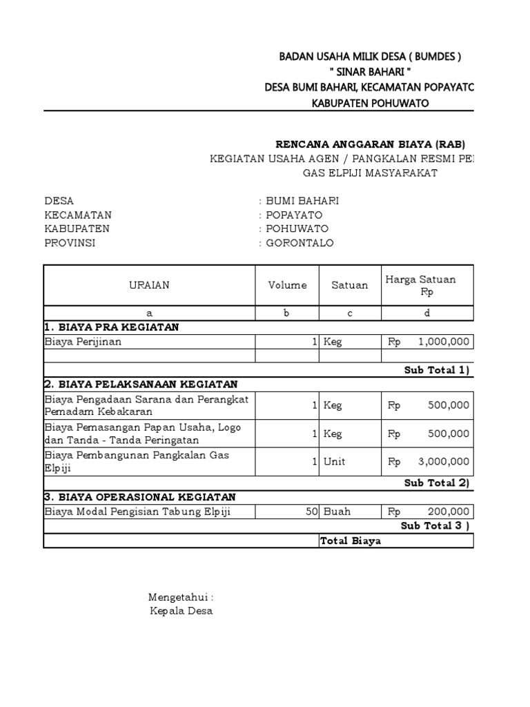 RAB Pangkalan Gas Elpiji BUMDES Bumi Bahari | PDF