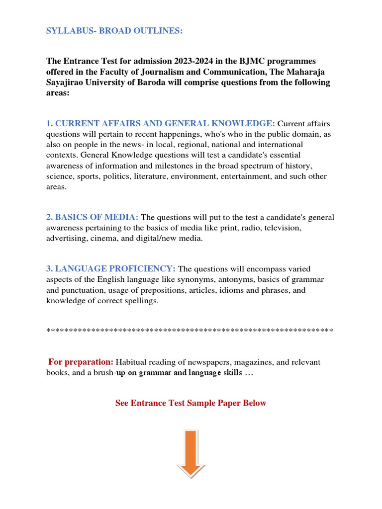 FJC-Syllabus - Outlines - BJMC Entrance Test Sample Paper - 2023-24 | PDF