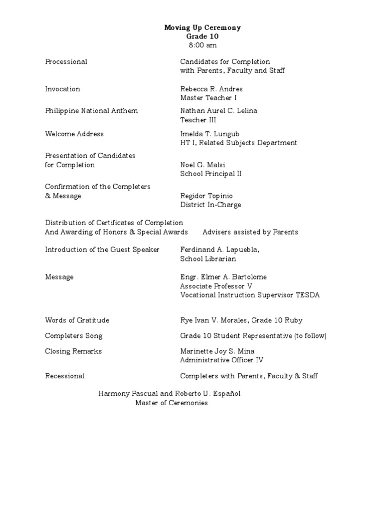 Grade 10 Moving Up Ceremony Program | PDF