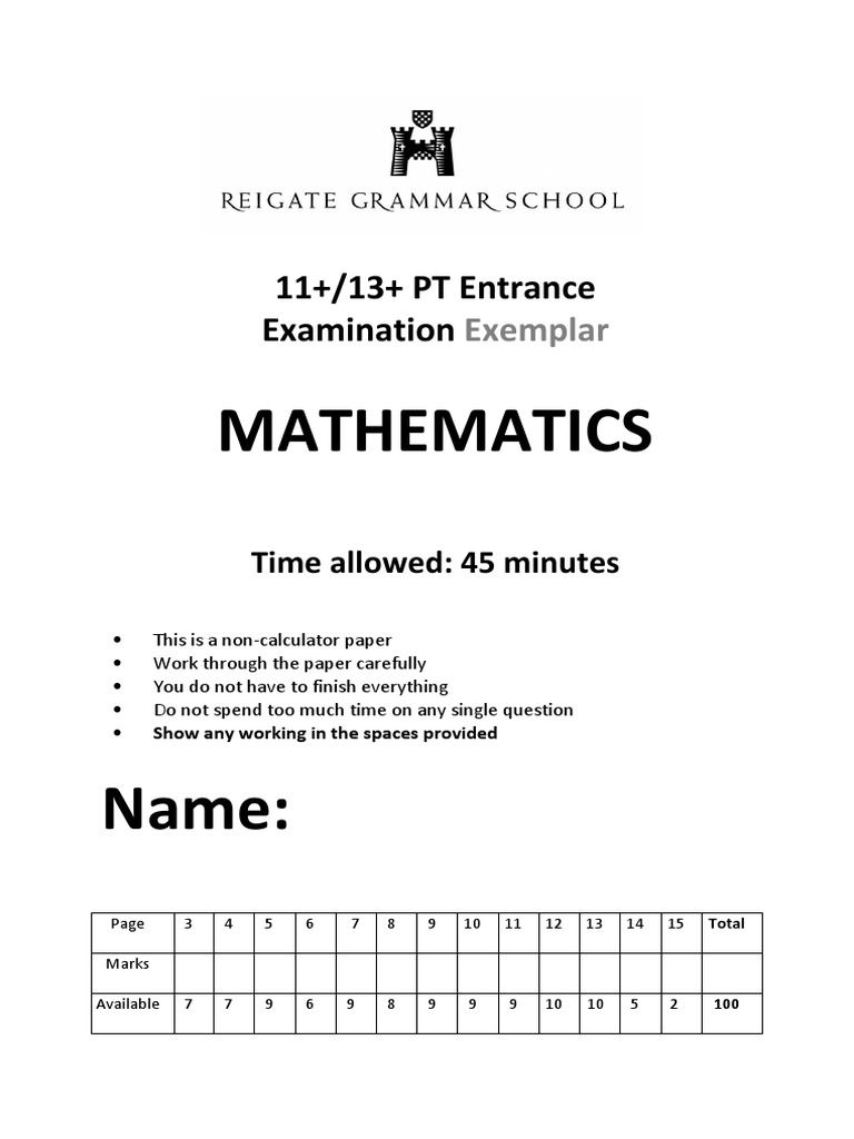 Reigate Grammar School 11 Plus Maths Entrance Exam Exemplar 2022 Entry ...
