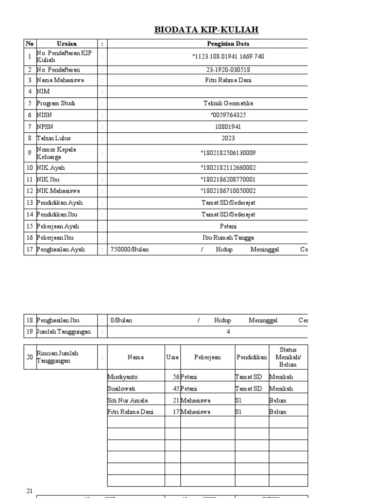 Panduan Lengkap Biodata KIP Kuliah | PDF