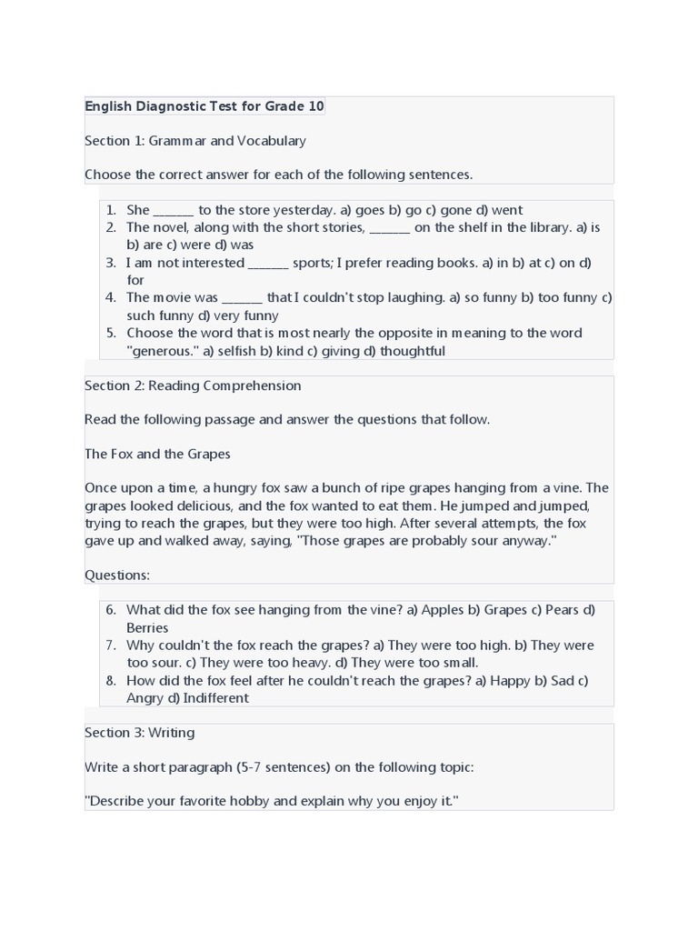English Diagnostic Test For Grade 10 | PDF