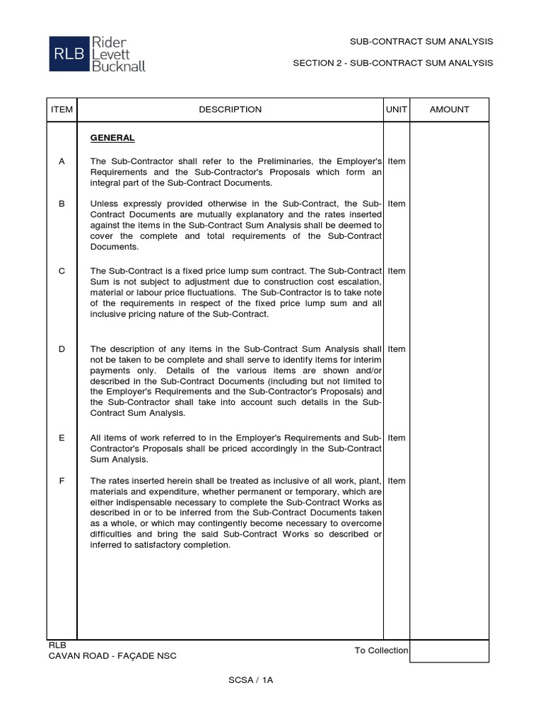 15.2 Sub-Contract Sum Analysis (PG 1A - 8A) | PDF
