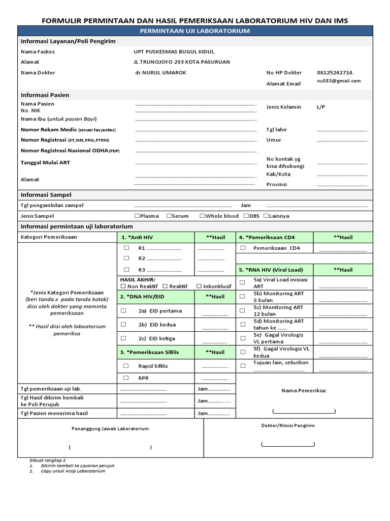 Formulir Permintaan Dan Hasil Pemeriksaan Laboratorium Hiv - Ims ...