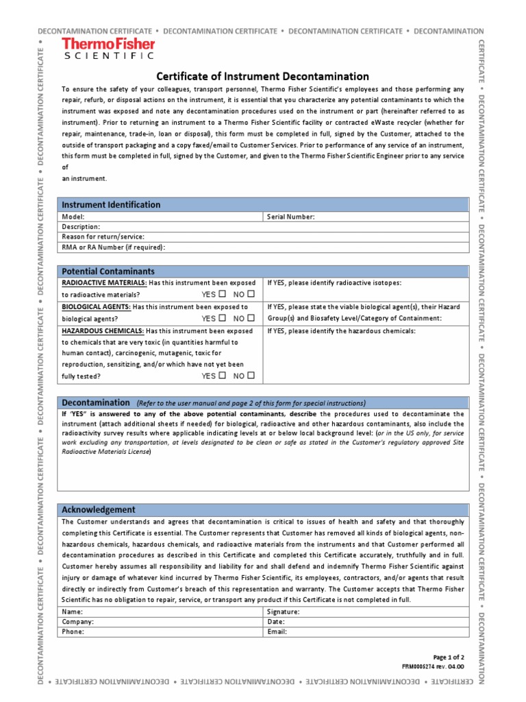 Instrument Decon Form | Download Free PDF | Bleach | Chemistry