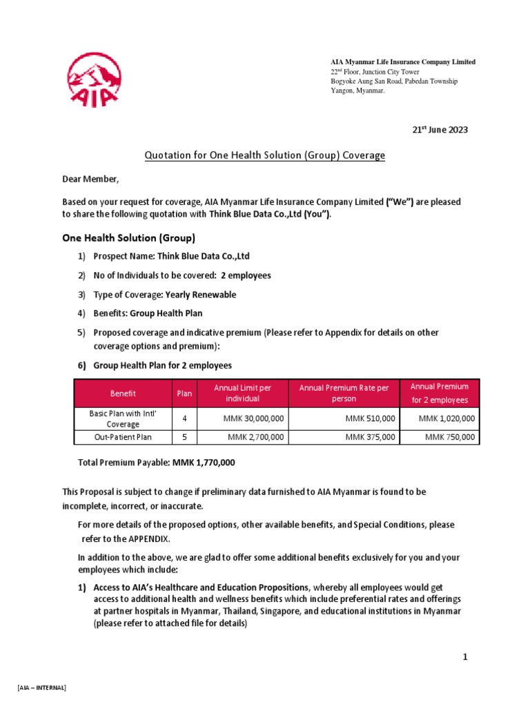 AIA One Health Solution Quotation | PDF