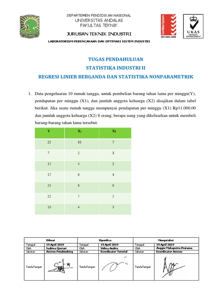 Tugas Statistika Industri II: Regresi & Nonparametrik | PDF | Teknologi & Rekayasa