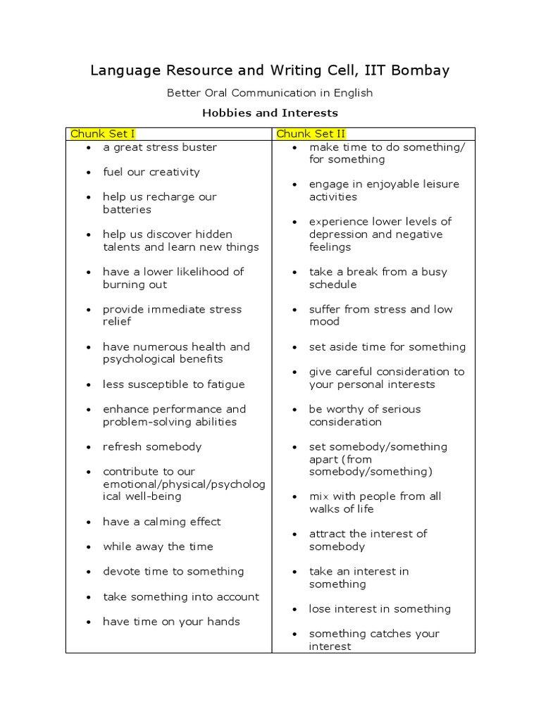 Useful Chunks-Hobbies and Interests | PDF | Stress (Biology) | Cognition Useful Chunks-Hobbies and Interests | PDF | Stress (Biology) | Cognition