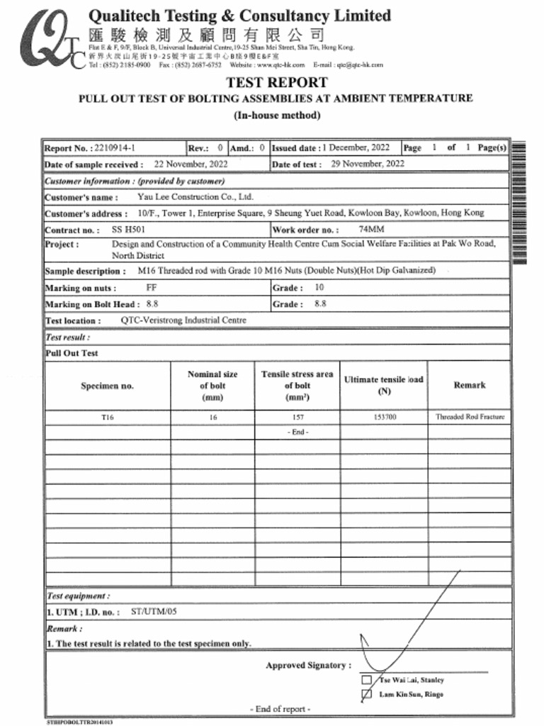 Pull Out Test Report of Bolting Assemblies Batch 5 & 6 Report No ...