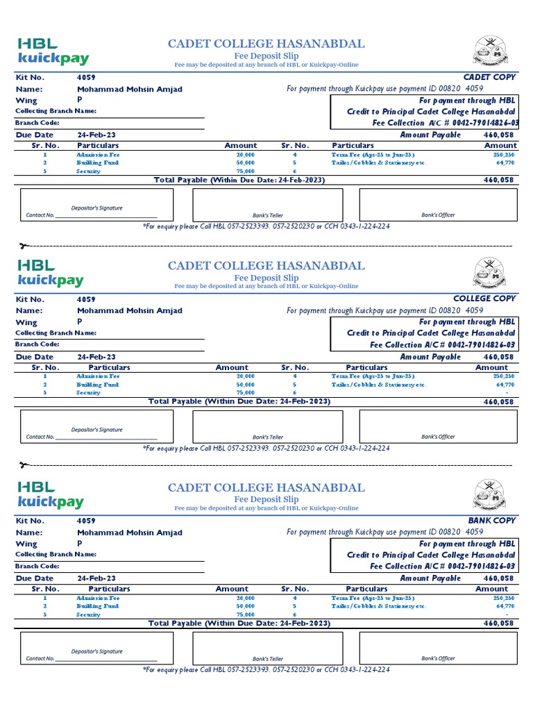 Cadet College Hasanabdal: Fee Deposit Slip | PDF | Banks | Deposit Account