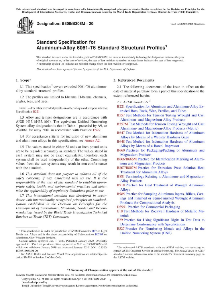 ASTM-B308 Aluminum-Alloy-6061-T6 | PDF | Strength Of Materials | Heat ...