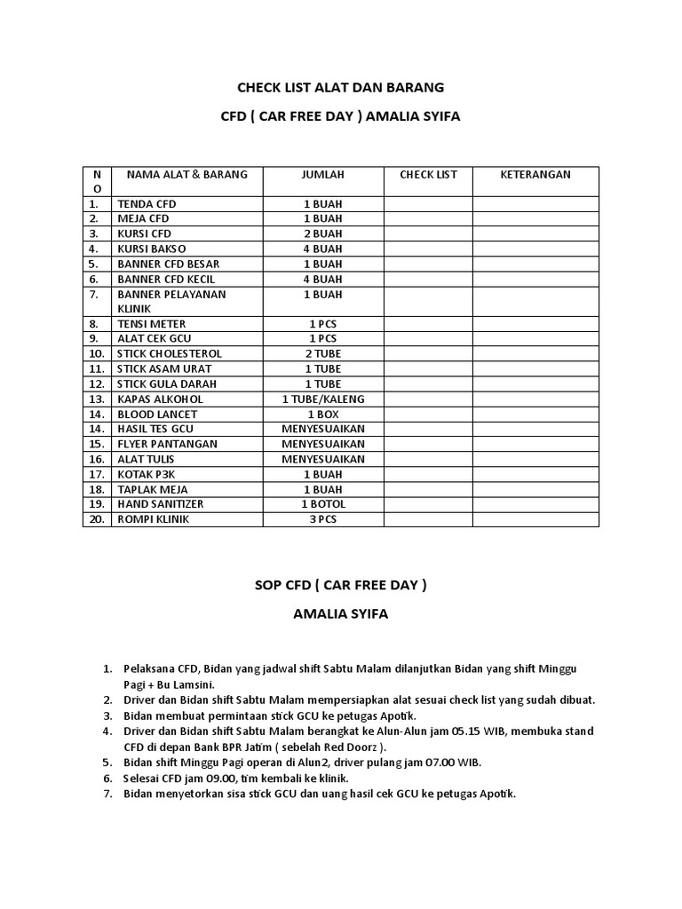 Check List Alat Dan Barang Car Free Day Minggu | PDF | Bisnis
