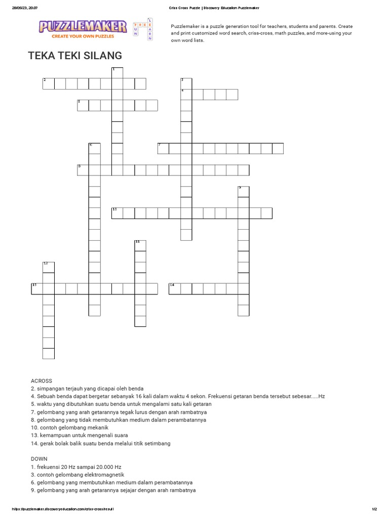 Criss Cross Puzzle - Discovery Education Puzzlemaker | PDF