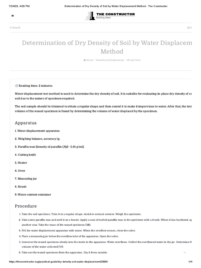 Determination of Dry Density of Soil by Water Displacement Method - The ...