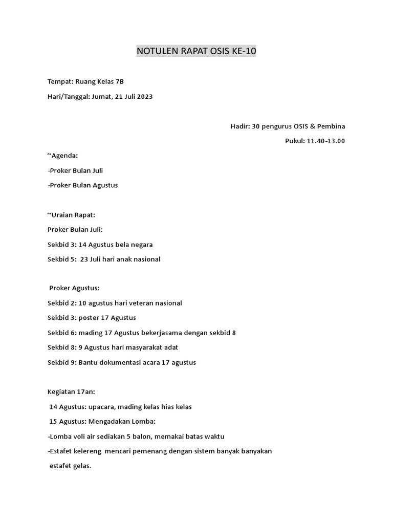 Notulen Rapat Osis Ke-10 | PDF