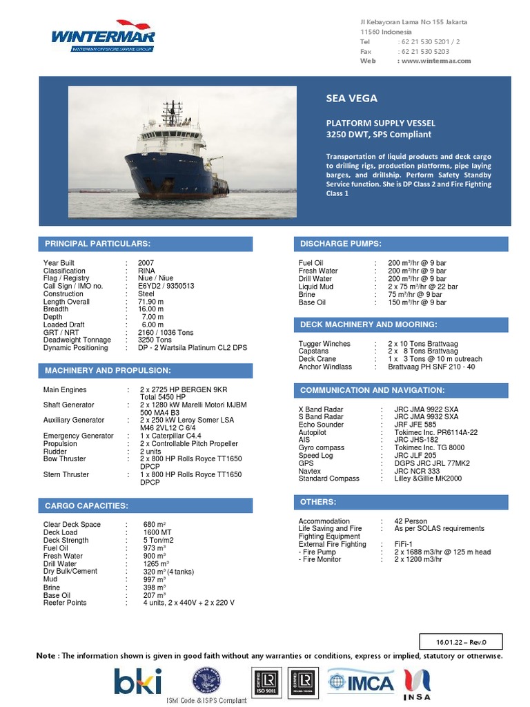 PSV Sea Vega Specifications Overview | PDF | Tonnage | Manufactured Goods