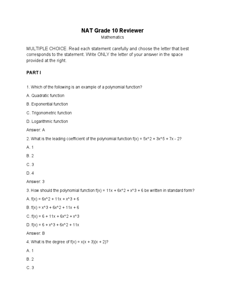 Grade 10 NAT Math Reviewer | PDF | Circle | Function (Mathematics)