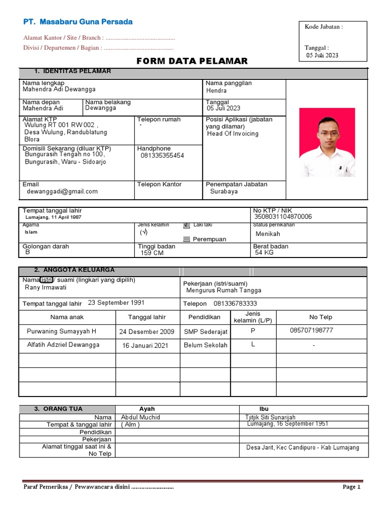 Form Data Pelamar | PDF