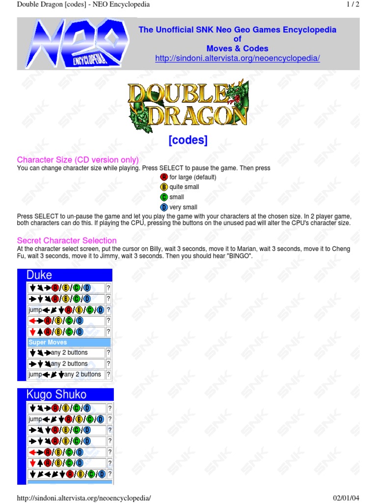 Double Dragon Moves & Cheat Codes Guide | PDF