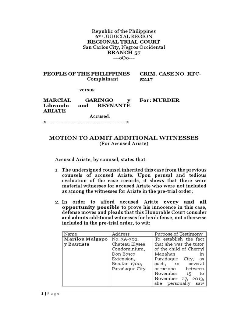 Motion To Admit Additional Witnesses | PDF | Judiciaries | Justice