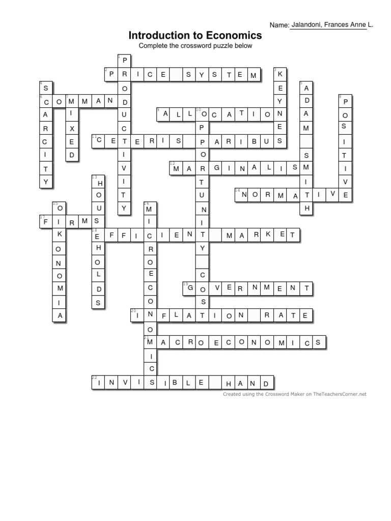 Economics Crossword Puzzle Activity | PDF | Economics | Value (Economics)