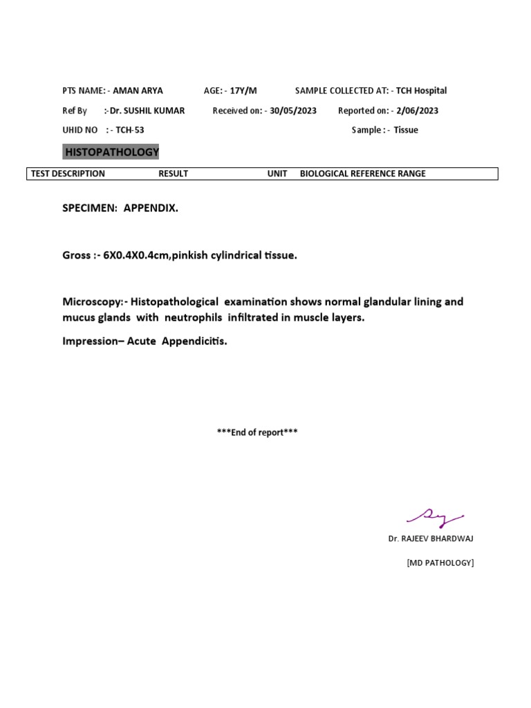 Aman Arya 17M Appendix Biopsy Report | PDF