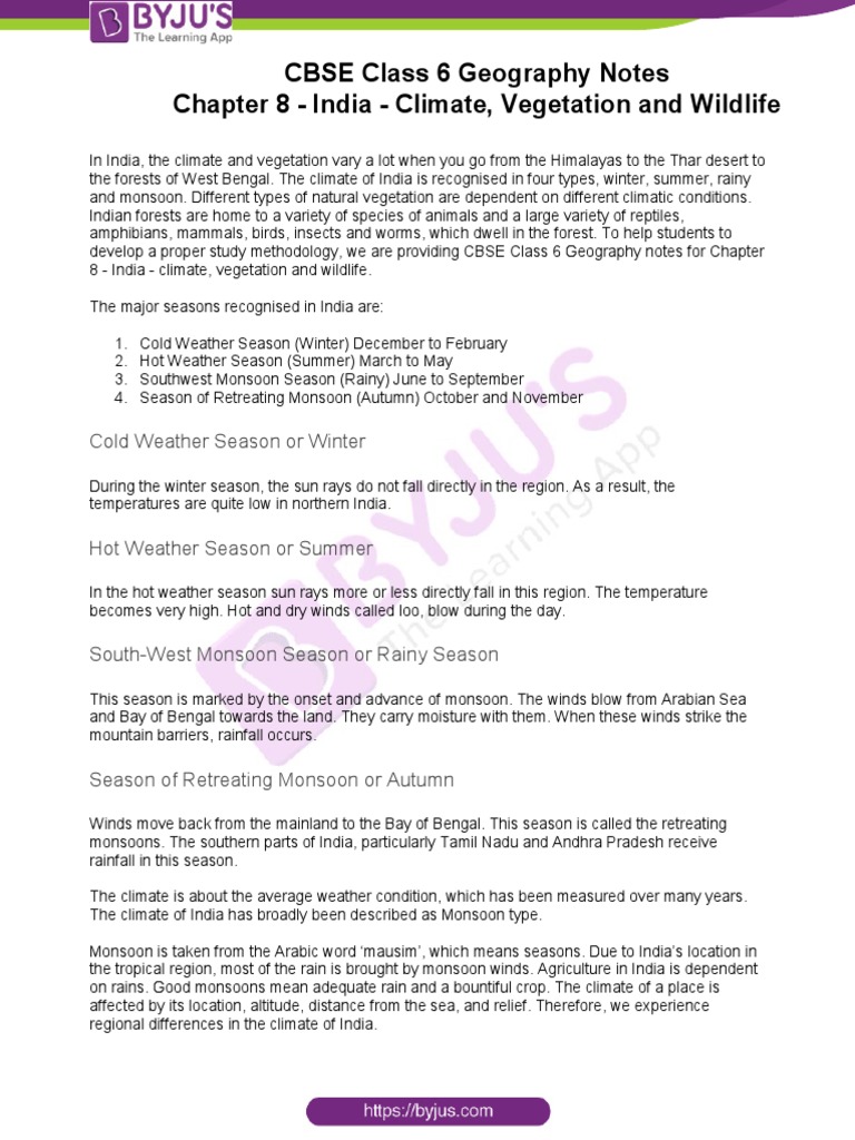 CBSE Class 6 Geography Notes Chapter 8 India Climate Vegetation and ...