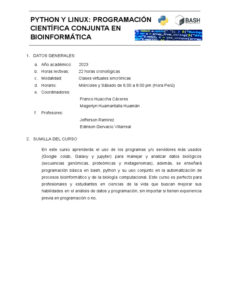 Silabus Python y Linux - Programación Científica Conjunta EN BIOINFORMÁTICA | PDF | Informática