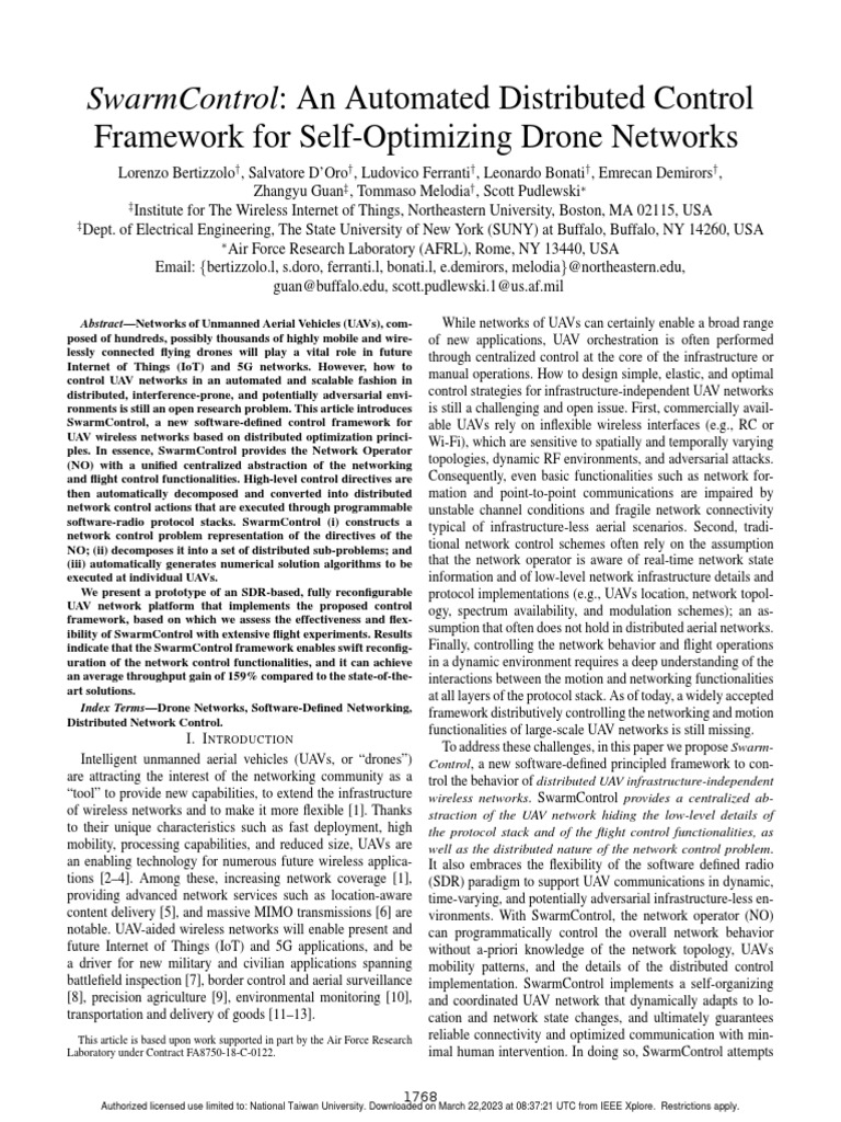 Swarmcontrol An Automated Distributed Control Framework For Self Optimizing Drone Networks Pdf