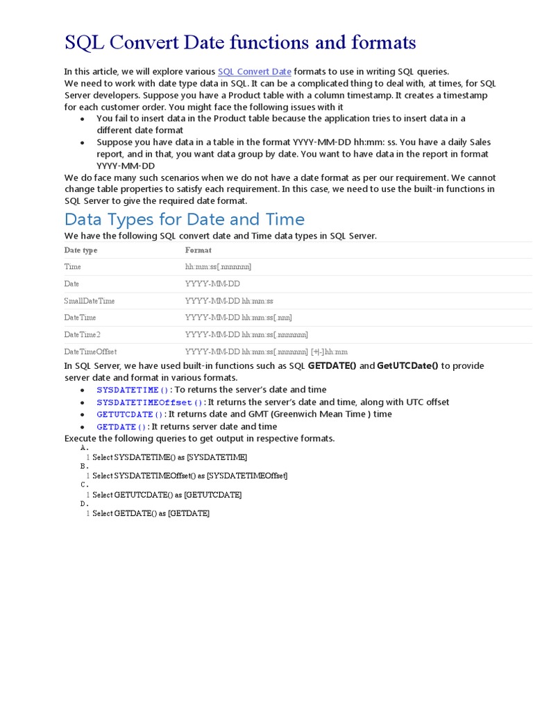 SQL Convert Date Functions and Formats | PDF | Information Technology ... SQL Convert Date Functions and Formats | PDF | Information Technology ...