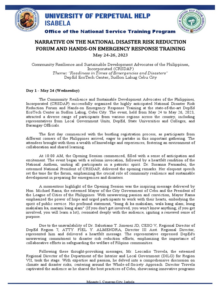 NARRATIVE REPORT Community Resilience and Sustainable Development ...