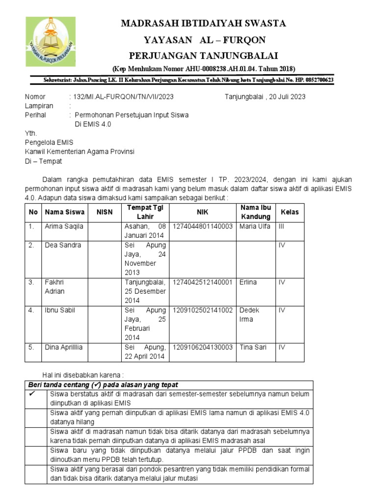 Format Permohonan Input Siswa | PDF