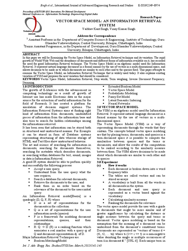 Vector Space Model: An Information Retrieval System: Information Technology Empowering Digital ...