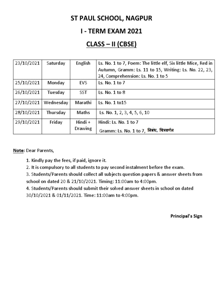 II CBSE Term Exam Time Table 2 | PDF