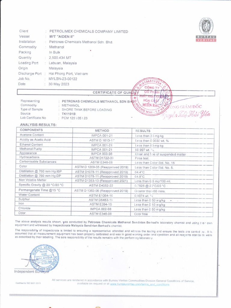 COA Methanol 19.7.2023 | PDF