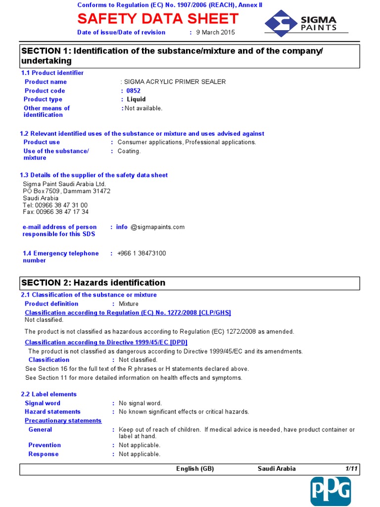 Msds 0852 Sigma Acrylic Primer Sealer Exrerior Primer | PDF
