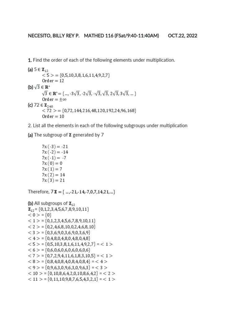 Cyclic Groups Example Activity | PDF | Mathematics | Mathematical Objects