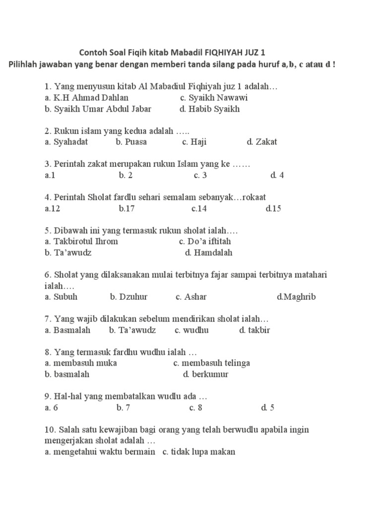 Contoh Soal Fiqih Kitab Mabadil FIQHIYAH JUZ 1 | PDF