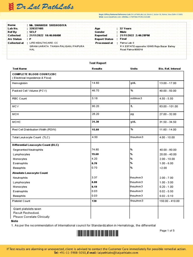 Complete Blood Count and Malaria Test Report | PDF | White Blood Cell ...