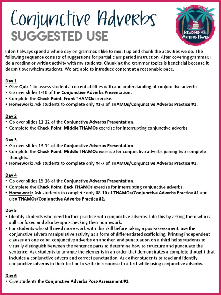 Conjunctive Adverb Notes, Exercises, Activity, and Keys | PDF