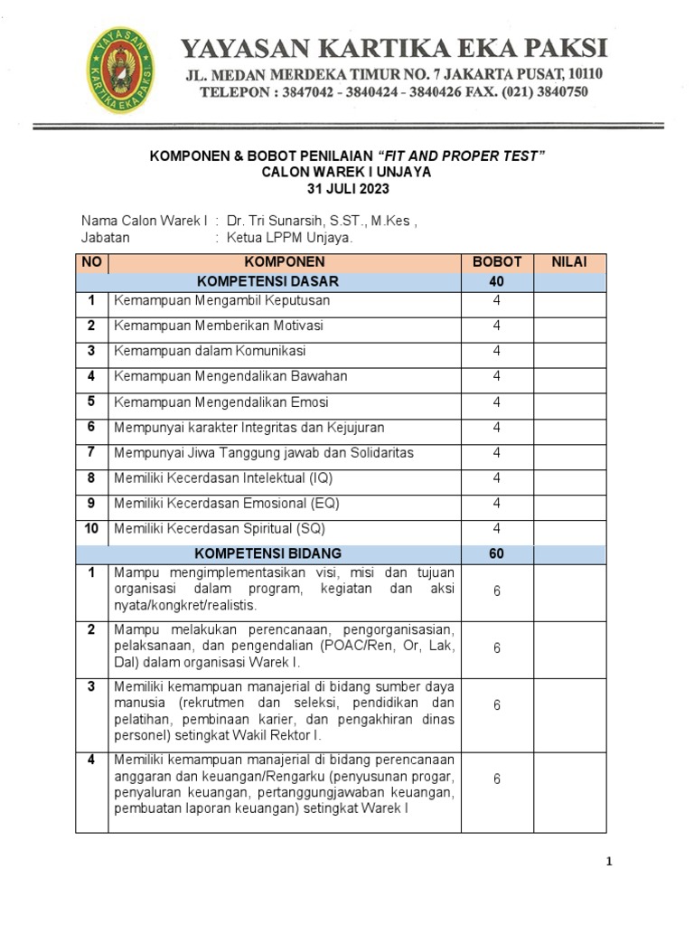Komponen Penilaian Fit and Proper Test | PDF