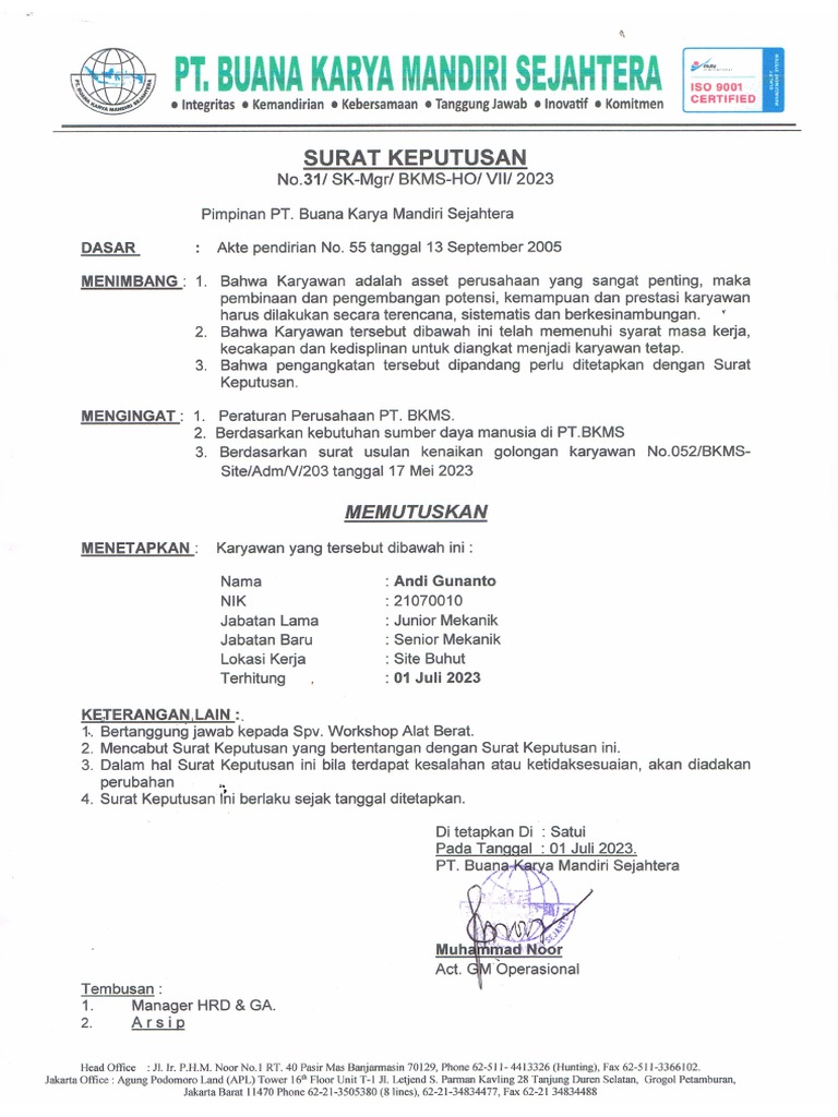 SK An. Andi Gunanto (Senior Mekanik) | PDF