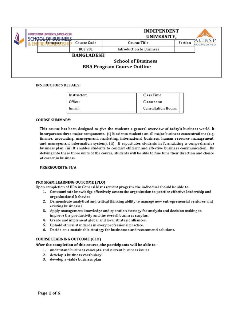 BUS 201 Course Outline and Overview | PDF