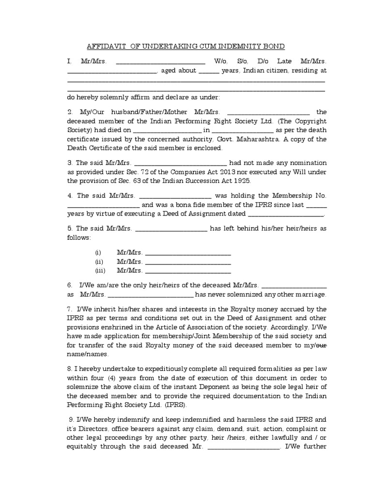 Indemnity Bond Affidavit Joint Affidavit For Legal Heir | PDF | Lawsuit ...
