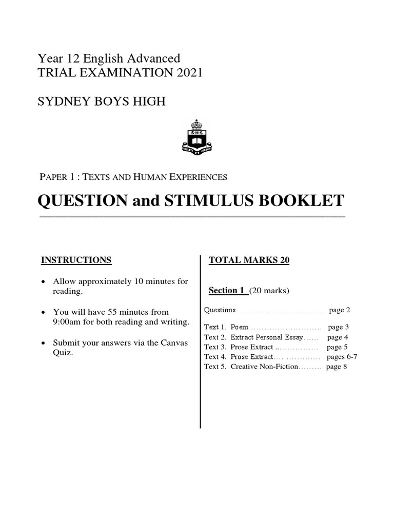 Sydney Boys 2021 English Trial Paper 1 | PDF | Language Arts ...