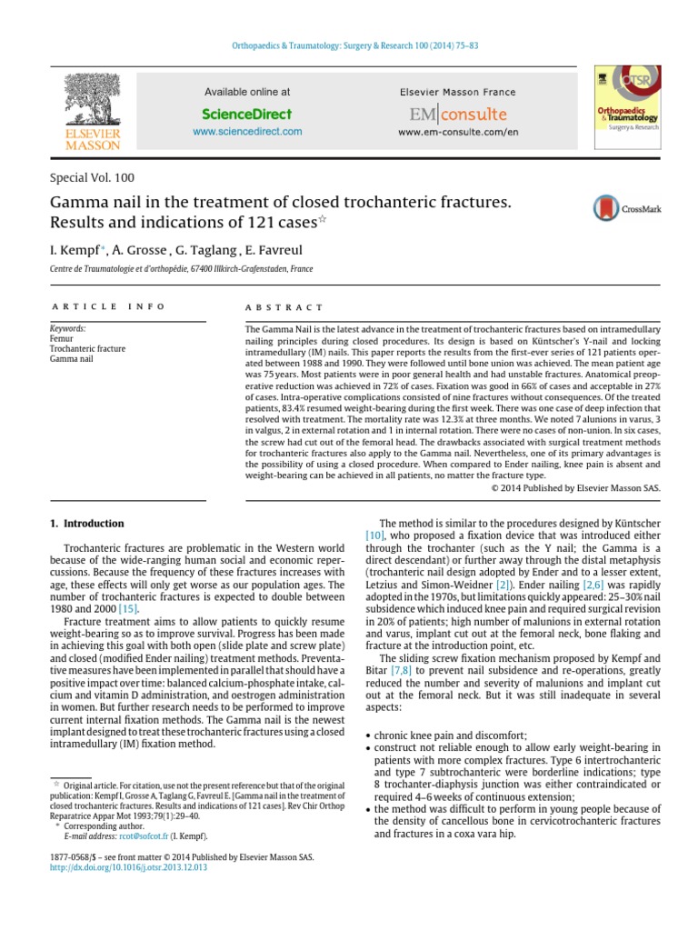Gamma Nail in The Treatment of Closed Trochanteric Fractures Results ...