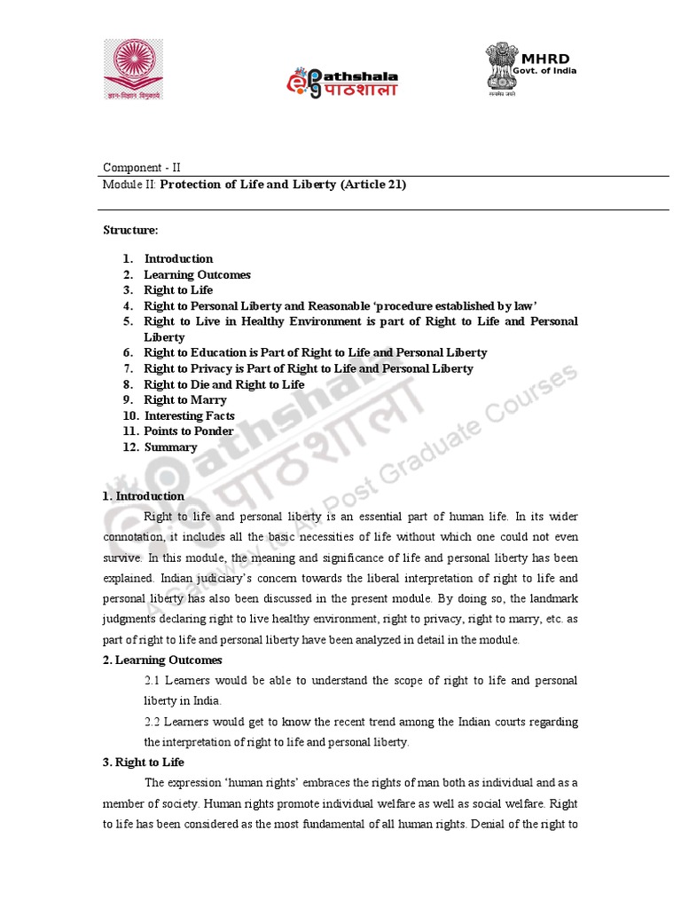Article 21 - Right To Life | PDF | Fourteenth Amendment To The United ...